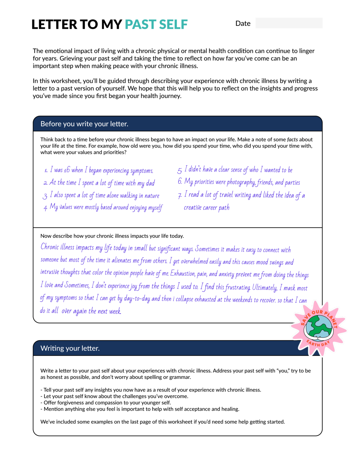 Letter To Your Past Self - Mental Health Worksheet- Bearable